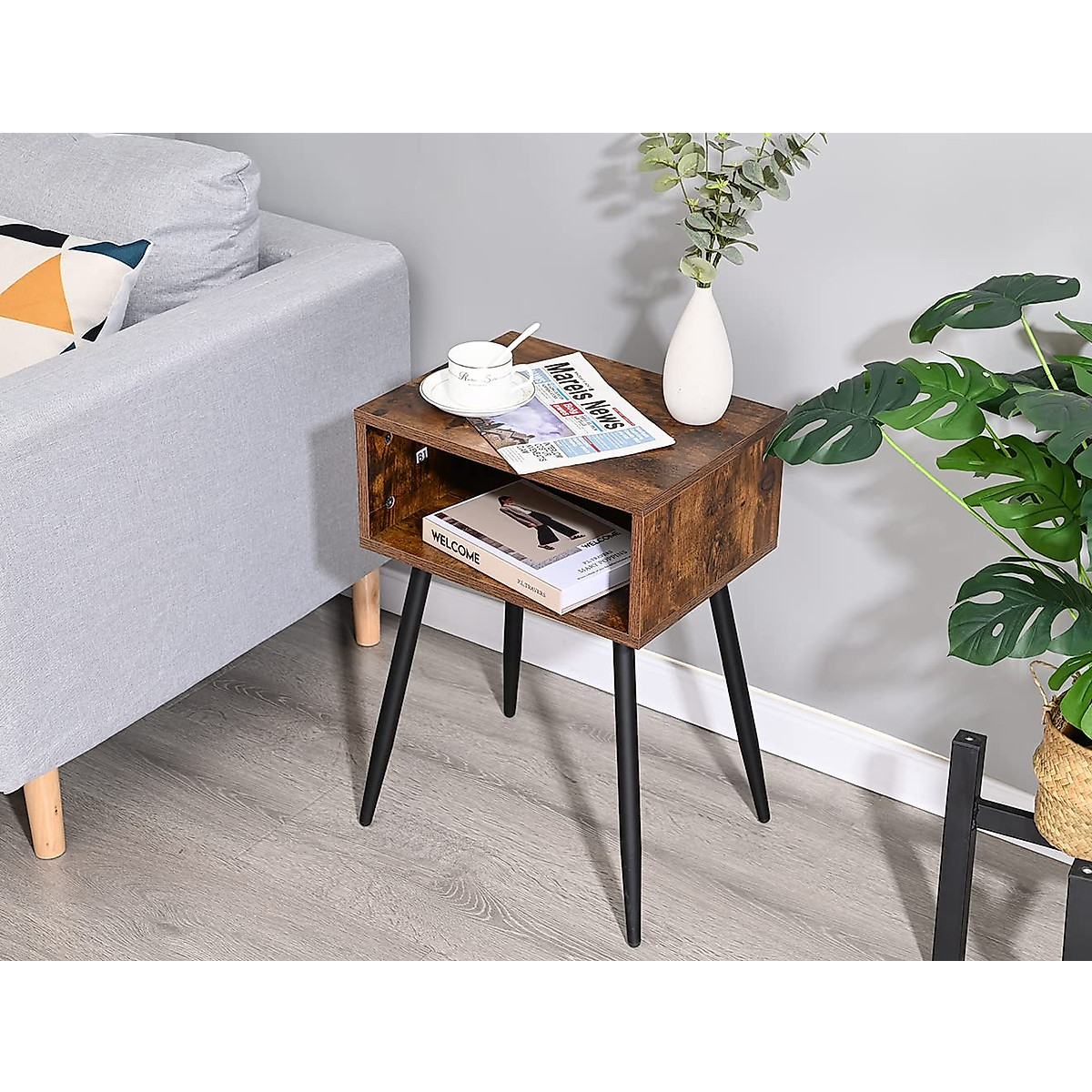 RokiaTek Nightstand Table with Open Storage Bedroom Bedside Table with Steel Legs, Mid-Century Modern Simpe End Side Table, Rustic Brown and Black