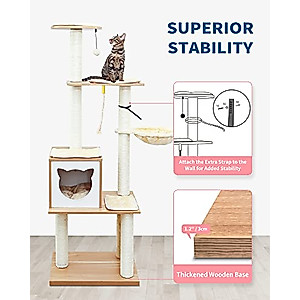 Made4Pets Cat Tree Cat Tower for Indoor Cats 65.6 Inches Modern Wood Cat Condo with Scratching Post for Large Cats Climbing, Multi-Level Tall Cat Tower Tree House with Hammock for Kitten Play and Rest