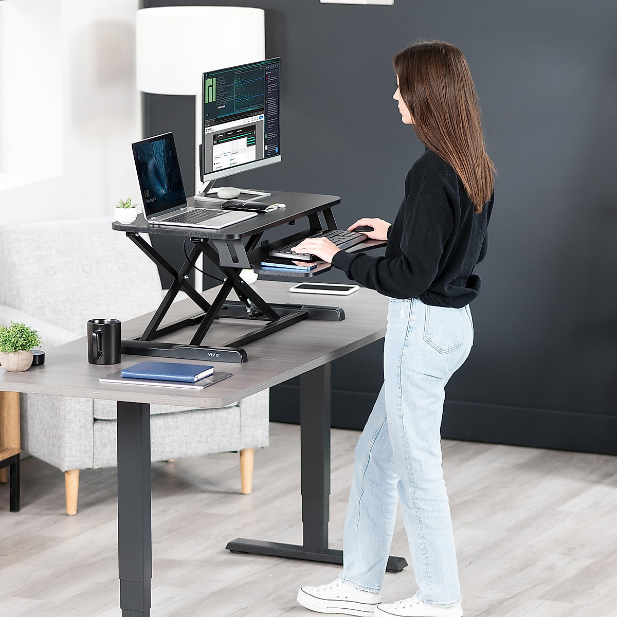 VIVO 32 inch Desk Converter, Height Adjustable Riser, Sit to Stand Dual Monitor and Laptop Workstation with Wide Keyboard Tray, Black, DESK-V000K, 32"