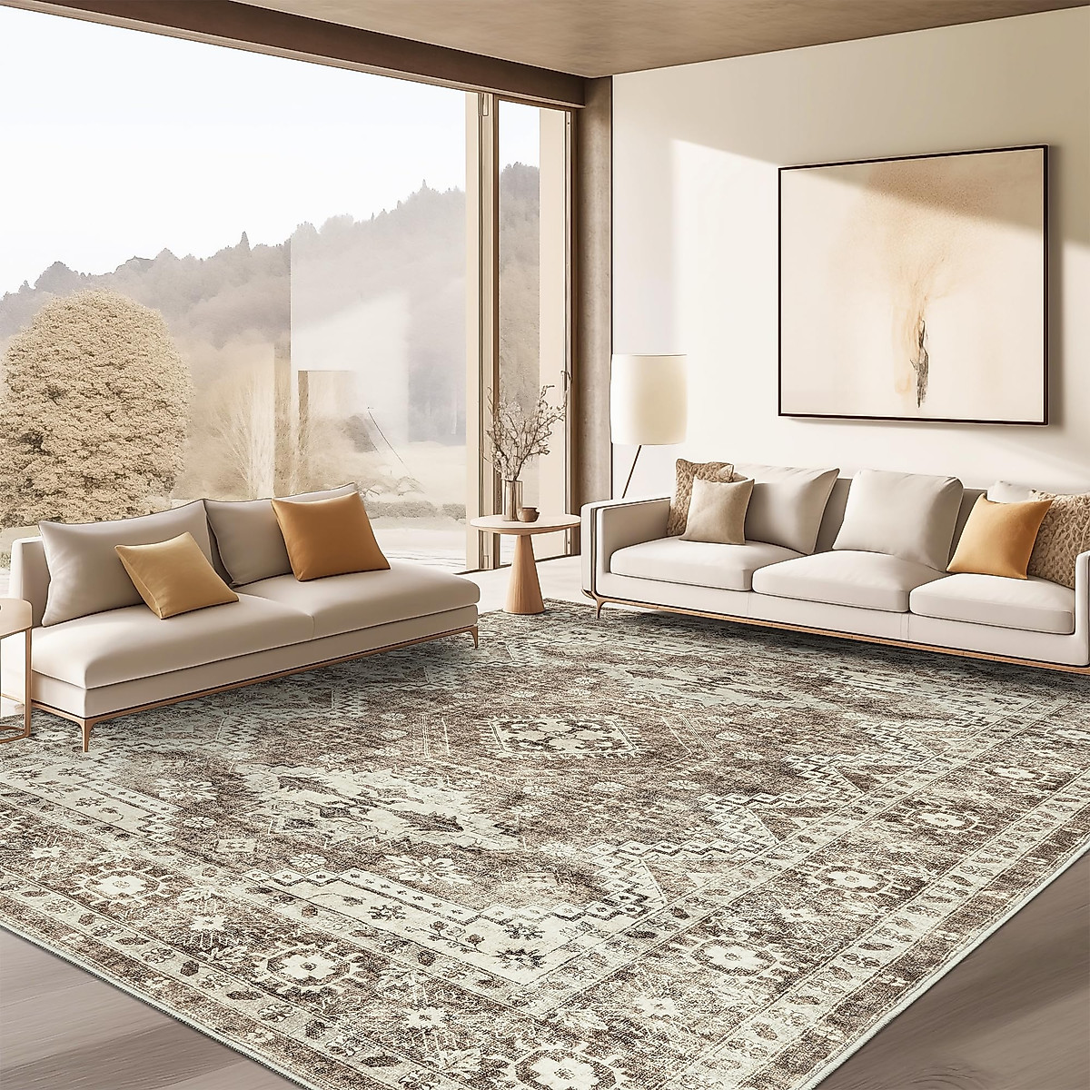 Rugland Area Rug - Stain Resistant Washable Rug, Anti Slip Backing Rugs for Living Room, Vintage Tribal Area Rugs (TPR07-Ivory, 9'x12')