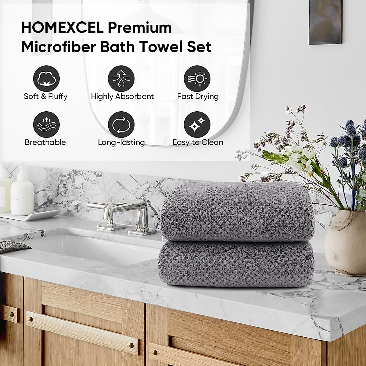HOMEXCEL Bath Towel Set Pack of 2, (27 x 54 Inches) Microfiber Ultra Soft Highly Absorbent Bath Towel, Lightweight and Quick Drying Towels for Body, Sport, Yoga, SPA, Fitness, Grey