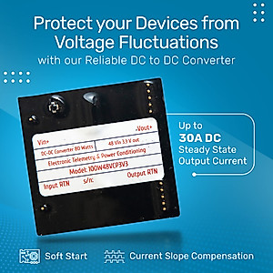 Telemetry - High-Efficiency DC-DC Isolated DC to DC Converter, 48V to 3.3V, 26A, Non-Latching, Overload Protection, High Reliability (2.8M Hours), Durable for Extreme Environments