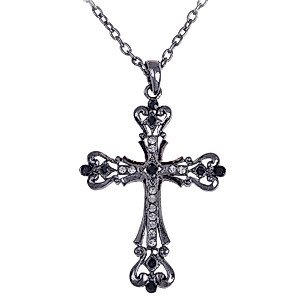 Alilang Womens Black Silver Clear Crystal Rhinestones Celtic Holy Cross Pendant Necklace, Black