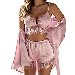 Verdusa Women's Satin Pajama Set 3 Piece Lace Trim Camisole and Shorts with Robe Pink L