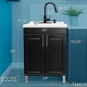 JS Jackson Supplies Black Utility Sink Vanity Cabinet with White Laundry Tub, Black High-Arc Pull-Down Sprayer Faucet for Laundry Room, Mudroom, Basement