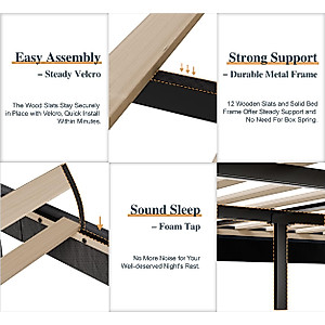 SUNLEI Bed Frame with Square Stitched Button Tufted Headboard, Queen Upholstered Platform Bed with 12" Storage Space & Linen Fabric, Solid Wood Slats Support, No Box Spring Needed, Grey