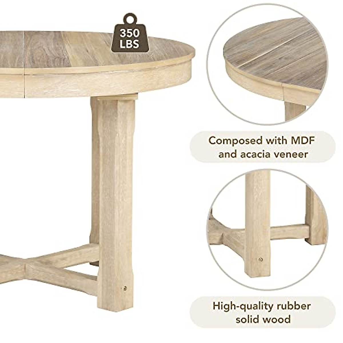 Dinehome 5-Piece Wooden Round to Oval Extendable Dining Table Set with 4 Upholstered Armrest Chairs, Natural Wood Wash