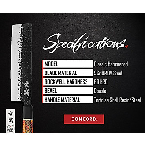 Concord Genbu Traditional Japanese Chef's Knife Raw Hammered Double Beveled 9CR18MOV Blade w/ 60 HRC. Tortoise Shell Resin Handle. Comes with Magnetic Magnolia Wood Sheath with Stand. (7" Nakiri)