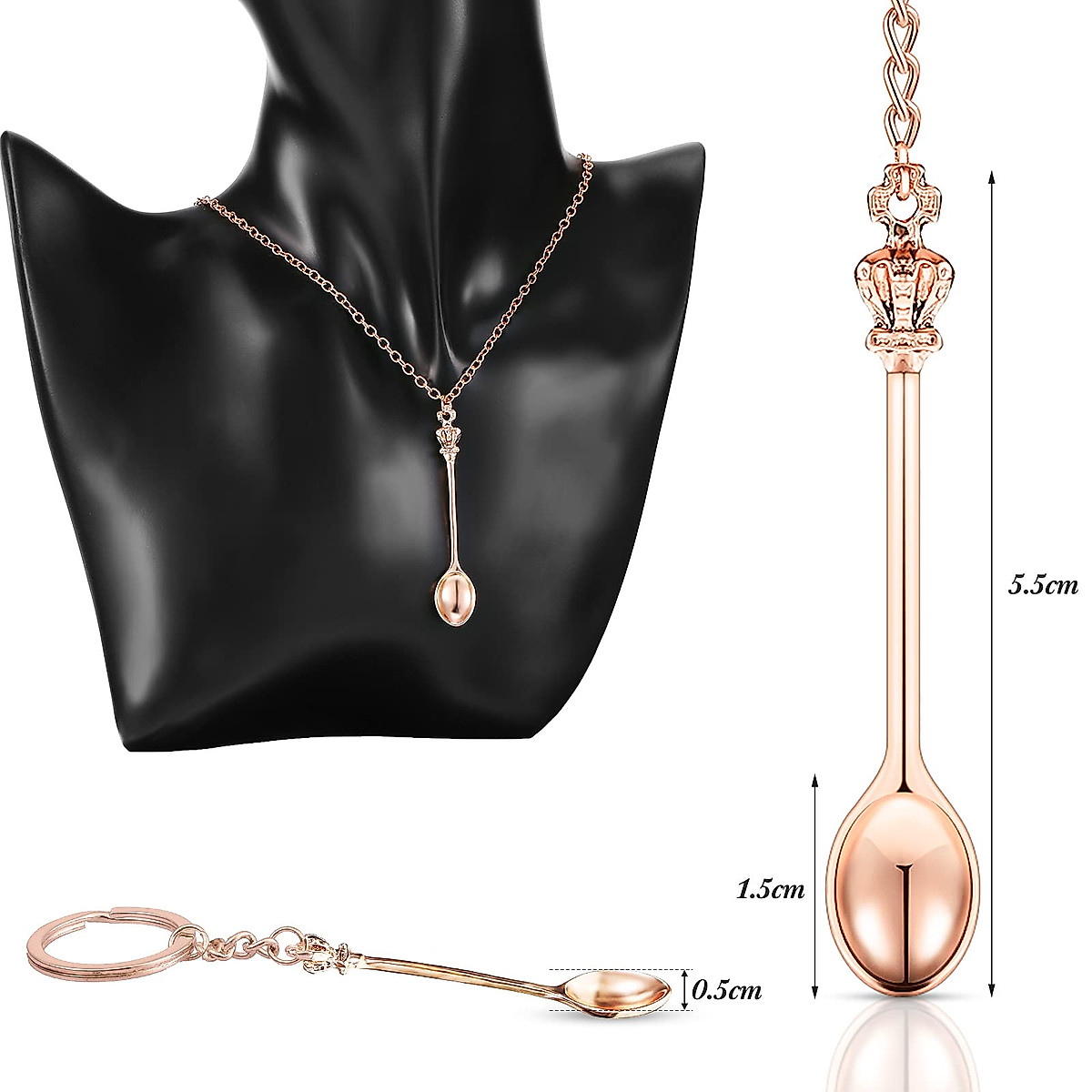 8 Pieces Mini Crown Spoon Necklace Crown Spoon Keychain Teaspoon Pendant Necklace Teaspoon Keyring Crown Teaspoon Mini Spoon for Filling Vials with Salts, Sand, Glitter with Necklace Loop Pendant