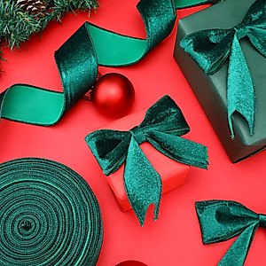 WILLBOND 50 Yards 2.5 Inch Christmas Velvet Wired Ribbon Fabric Decorative Ribbon Gift Wrapping Ribbon for DIY Craft Christmas Holiday Bows Wreath Wedding Indoor Outdoor(Green)