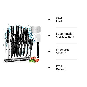 Knife Set, 16 Pcs Kitchen Knife Set, Sharp Stainless Steel Chef Knife Set with Acrylic Stand, Nonstick Knife Sets for Kitchen with Block - 6 Serrated Steak Knives, Scissors, Sharpening Steel, Black