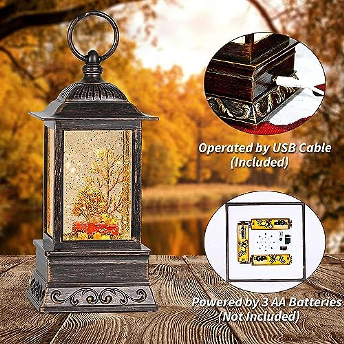 Red Truck Snow Globe Fall Decorations for Home, Thanksgiving Glittering Lighted Lantern Autumn Harvest Decor