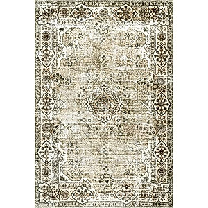 nuLOOM Paisley Machine Washable Faded Floral Border Medallion Area Rug, 6' x 9', Beige