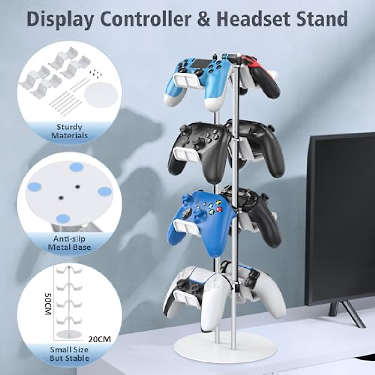 Kytok Gamer Gifts, Headset Stand 4 Tiers with Cable Organizer, Controller Stand Compatible with PS5/Xbox/Nintendo Switch/PS Portal/PS4, Headset Holder & Controller Holder - White