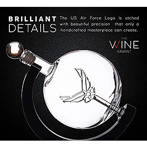 Father's Day Whiskey Decanter Set with 4 Liquor Glasses Air Force Whisky Decanter & Glass Set with Wood Base & 9 Whiskey Stones - US Airforce Gifts for Men - Globe Bourbon & Scotch Gifts for Dad