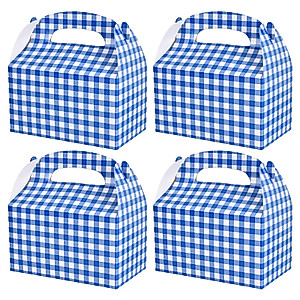 Blue and White Gingham Treat Boxes 24 Pieces Candy Gable Boxes Goodies Boxes Cardboard Present Boxes with Handles for Birthday Party Family Dinner Picnic Barbecue Father's Day Party
