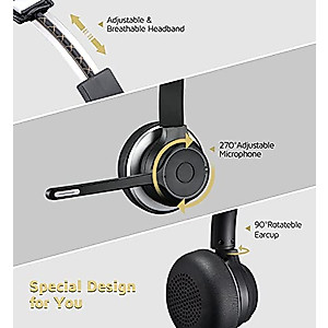 VOCLINE Wireless Headset with Microphone, 22H PC Wireless Headset, Over-Ear Wireless Headphone with Dual CVC8.0 Noise Canceling Mic, Mute Only Available on Smartphone, Support 3.5mm Connect