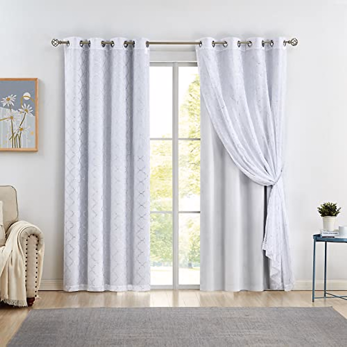 Enactex 4 Piece Curtains Set Mix and Match Geometric Silver Print Sheer & Velvet Room Darkening Blackout Drapes, 52''x 95'' Grommet Window Treatment for Bedroom Living Room, Greyish White