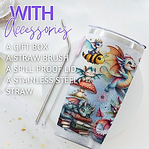 Onebttl Dragon Gifts for Girls, Dragon Coffee Travel Mug for Dragon Lovers, Women, Daughter - Just A Girl Who Loves Dragons - Stainless Steel 20Oz Tumbler, Glitter