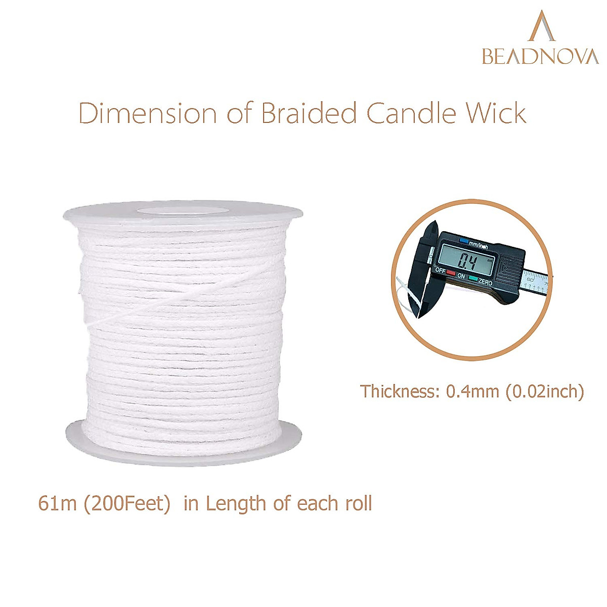 BEADNOVA Braided Candle Wick Spool 200 ft Cotton Candle Wick Roll Core Braided Wick for Candle Making and Candle DIY (61m/67yard/200 Foot)