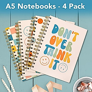 Cute Notebooks for School 4 Pack, A5 5.8 x 8.3 inch Happy Face Hardcover Notebooks for Work, Retro Aesthetic Notebooks College Ruled, Cute Spiral Journal for Women, Back to School Notebook for Kids