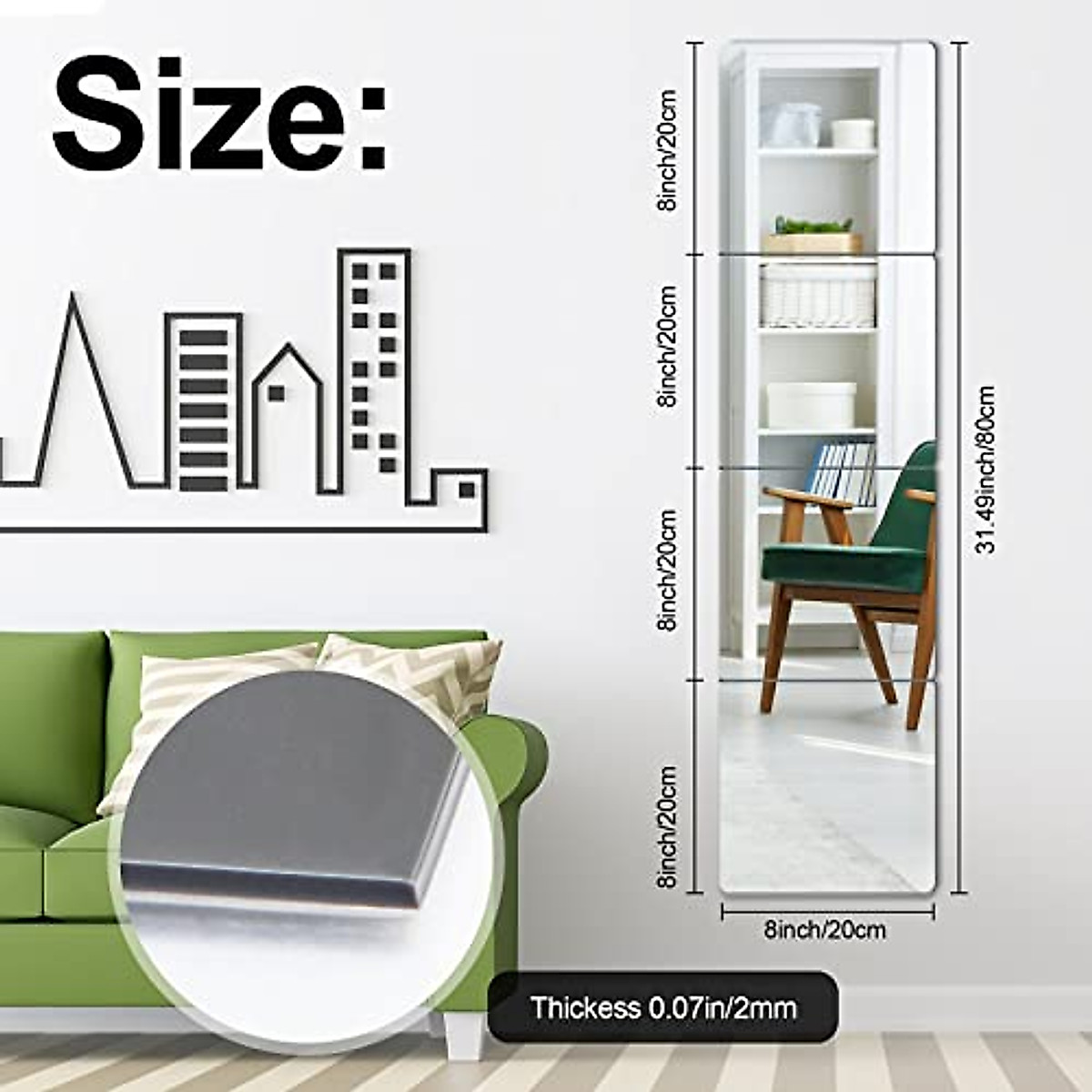 4 Pack Wall Mirror Tiles, 8 x 8 Inch Self Adhesive Acrylic Square Mirror, Flexible Mirror Sheets Wall Stickers Frameless Small Mirrors Set for Bathroom Home Gym