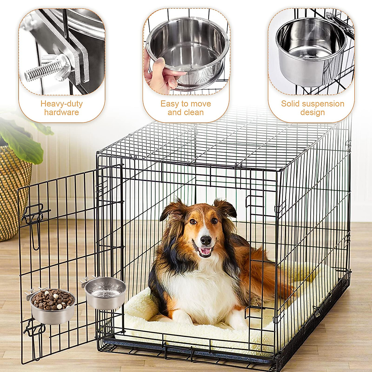 Dog Crate Water Bowl, 2 Pack No Spill Hanging Cage Food Bowls for Kennel Puppy Cat Bird Bunny Stainless Steel Metal Mountable Small&Medium Feeding Dish Wall Mounted Attachable Crates Pet Feeder