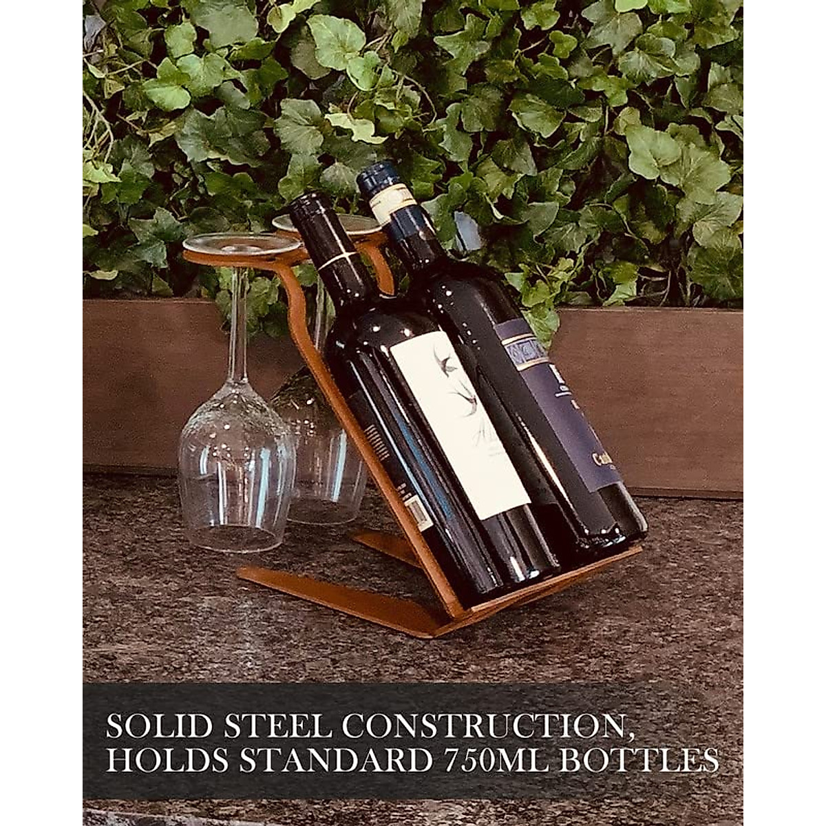 di prima usa Countertop Wine Rack Metal Wine Rack for Table – Small Wine Rack for Tabletop Décor – Wine Rack Holder for 2 Glasses & 2 Bottles - Corten/Chestnut