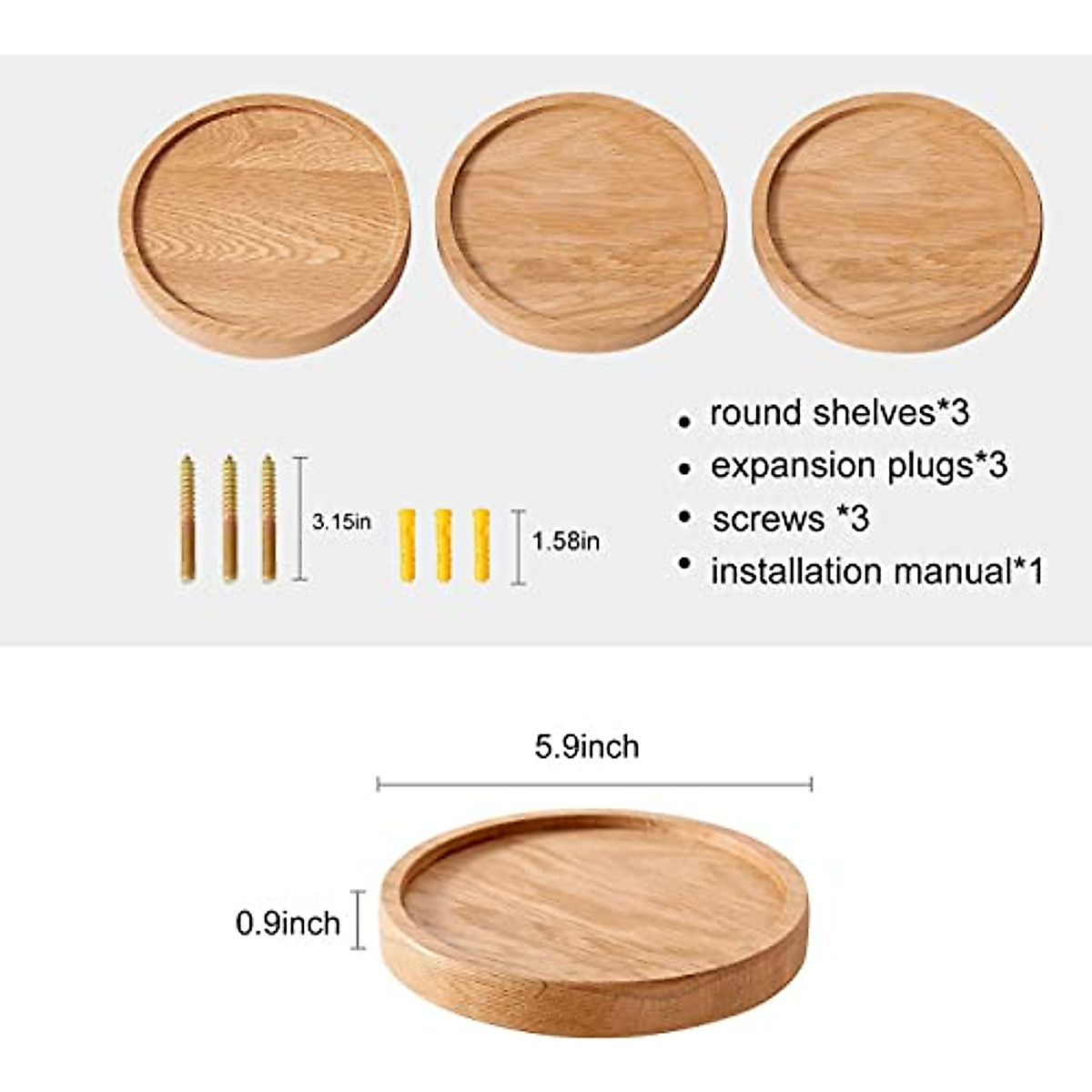 Round Floating Shelves, 3 Pack Solid Oak Deep Floating Shelves for Wall 6'' Diameter Circle Small Plant Shelves Wall decorfor Bedroom, Living Room, Kitchen