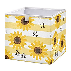 ALAZA Collapsible Storage Cubes Organizer,Sunflower Bee Cartoons White Yellow Stripe Storage Containers Closet Shelf Organizer with Handles for Home Office
