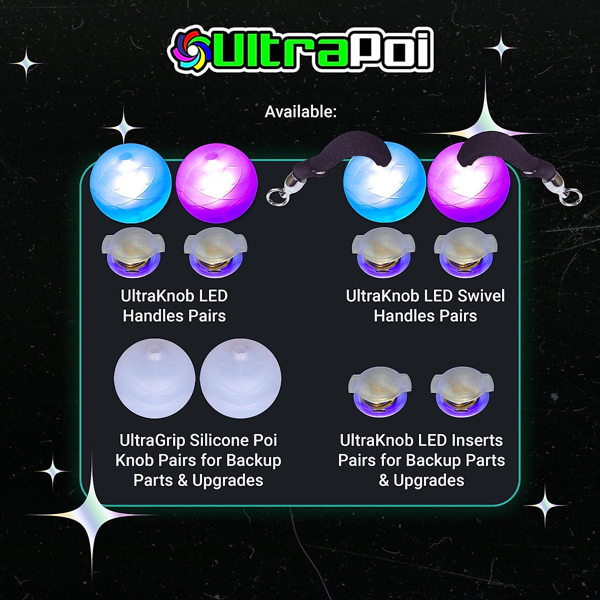 UltraPoi UltraKnob Handles Set (Pair (2)) - Rechargeable LED Poi Knob Handles for Poi Balls - Over 30 Rainbow Color Modes & Flashing Patterns - Silicone Knob Set for Poi, Flow Arts, & Light Spinning