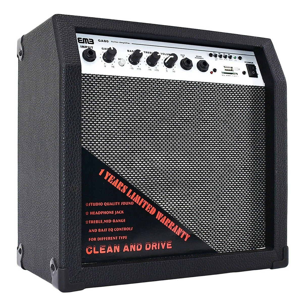 EMB GA80 350 Watts 8" Electric Guitar Amplifier Speaker Portable Powerful Studio and Stage Cabinet PreAMP – with Built in Headphone Jack and 2 Inputs and SD USB AUX Bluetooth (Black)