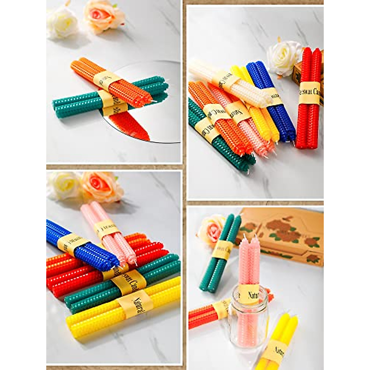 42 Pcs Beeswax Handmade Taper Candles Dripless Wax Candles Colorful Beeswax Candles 9 Inch Long Tapered Candles Honeycomb Candles for Christmas Dinner Party