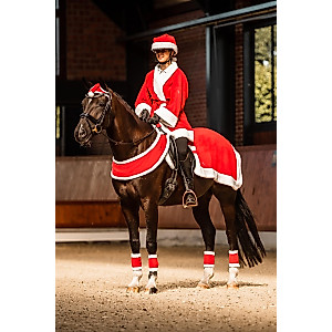 HORZE Santa Christmas Fleece Horse Quarter Sheet Riding Blanket with Faux Fur - Red - Pony