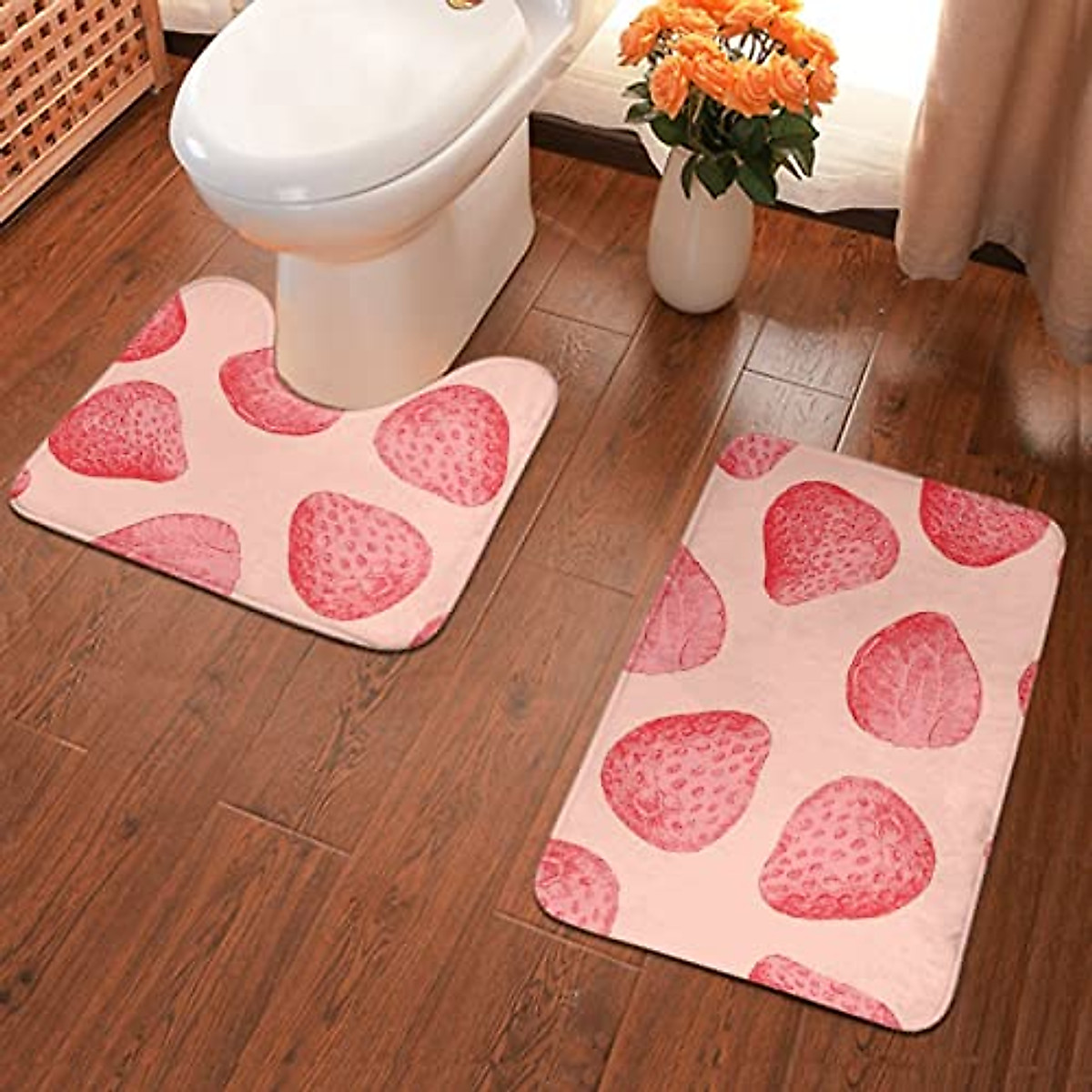 AMRANDOM Bathroom Rug Mat Set 2 Pieces Cute Red Strawberry for Boys Girls Room Decor, Soft Flannel Memory Foam Bath Rugs and Toilet Contour Mat, Fast Dry Bathroom Mat