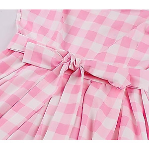 Nihsatin Barbie Pink Swing Dress Tie Shoulder Plaid Printed Knot Waist Dress