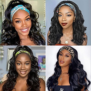 Colorful Queen Glueless Headband Wig Long Black Body Wave Headband Wigs for Black Women Synthetic Natural Looking Wavy Wig Heat Resistant 180% Density (26inch, 1B#)