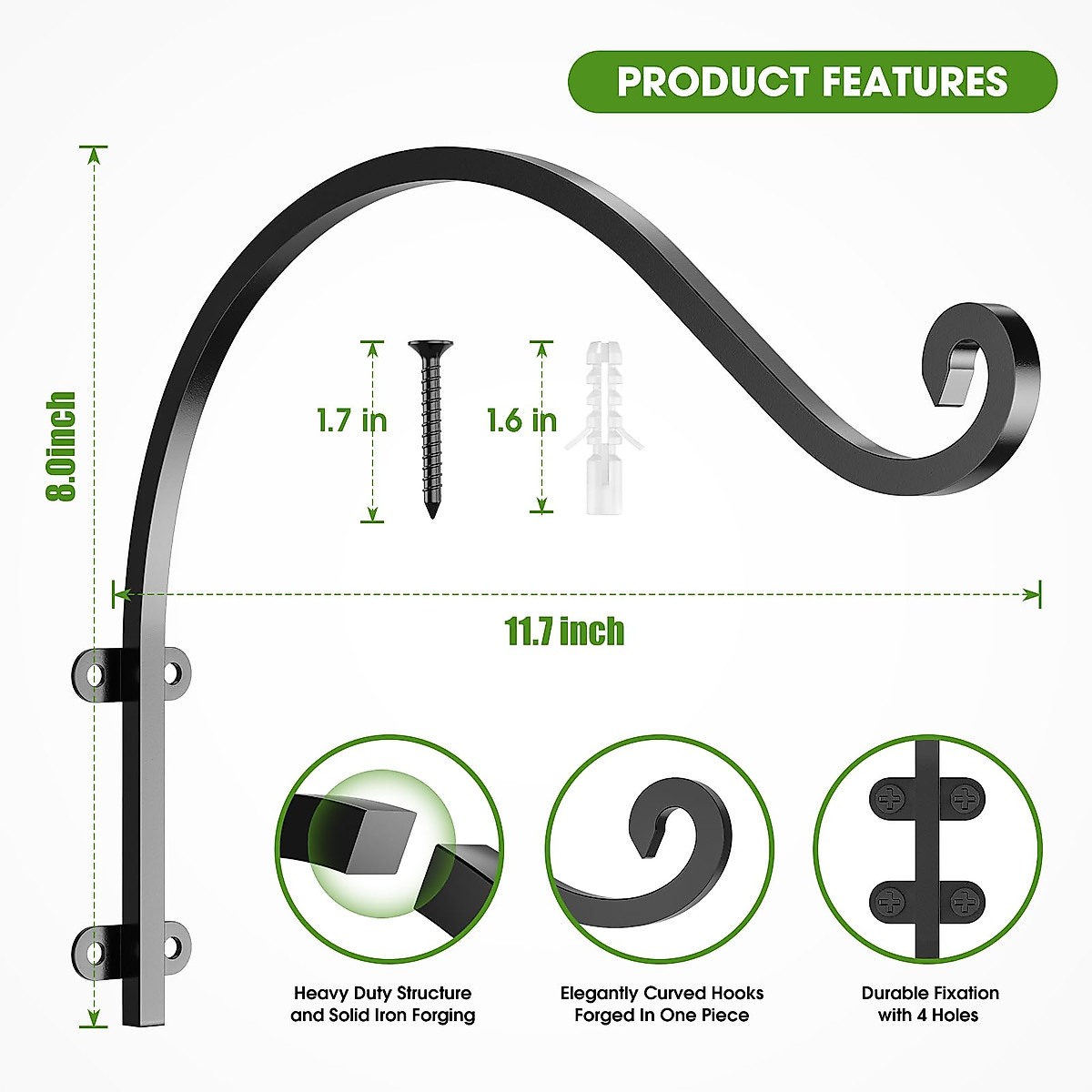 EPHECH 6Pack Heavy Duty Hanging Plant Hanger Hook for Outdoor and Indoor, 12Inch Wall Hanging Basket Bracket, Black Metal Outdoor Hanging Bracket for Hanging Flower Pot Bird Feeder Lanterns