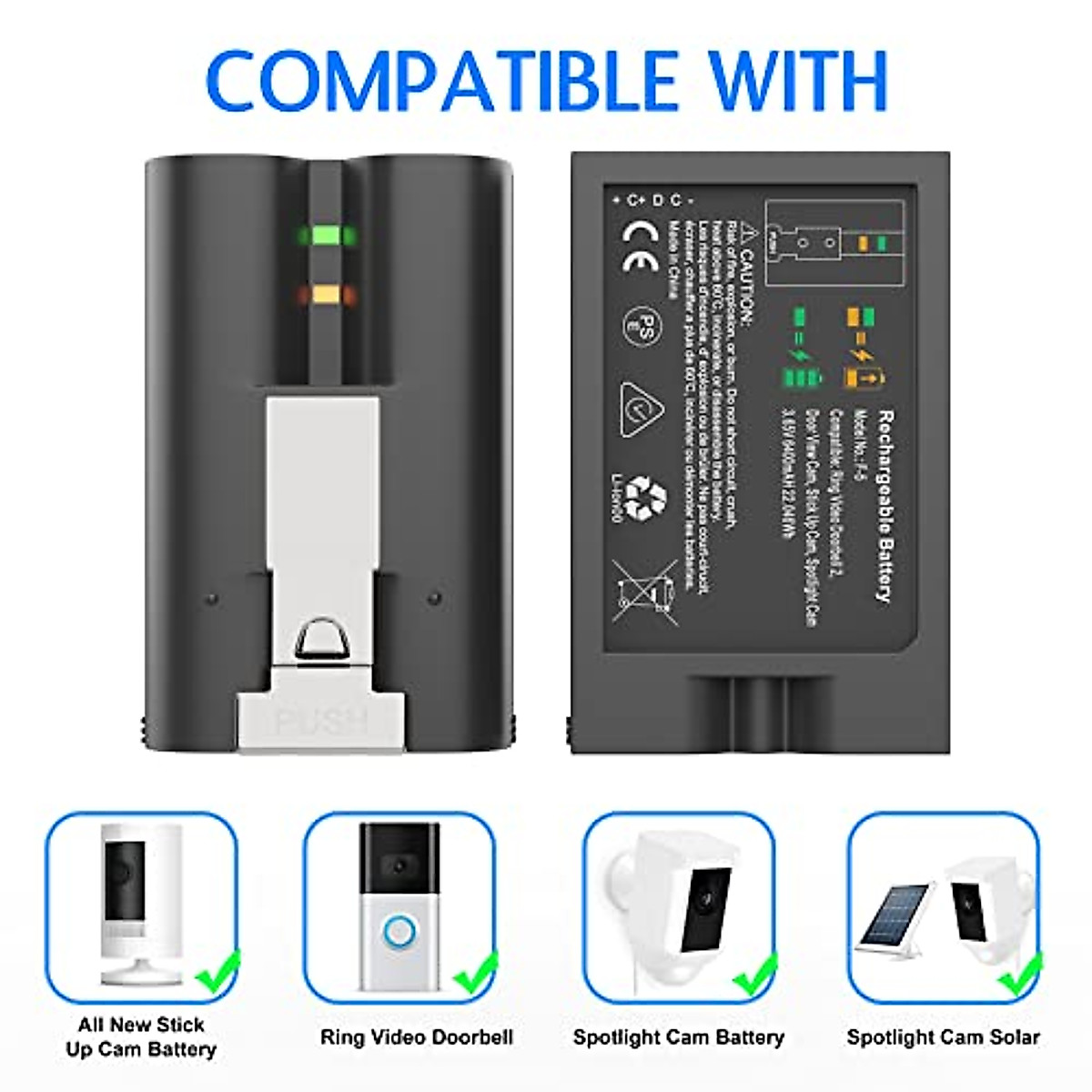 2 Packs 6040mAh 3.65V Lithium-Ion Rechargeable Battery and USB Charging Station Compatible with Ring, for Video Doorbell 2/3/4 and Spotlight Cam Battery(Not for Spotlight Pro/Plus,Stick Up Cam)