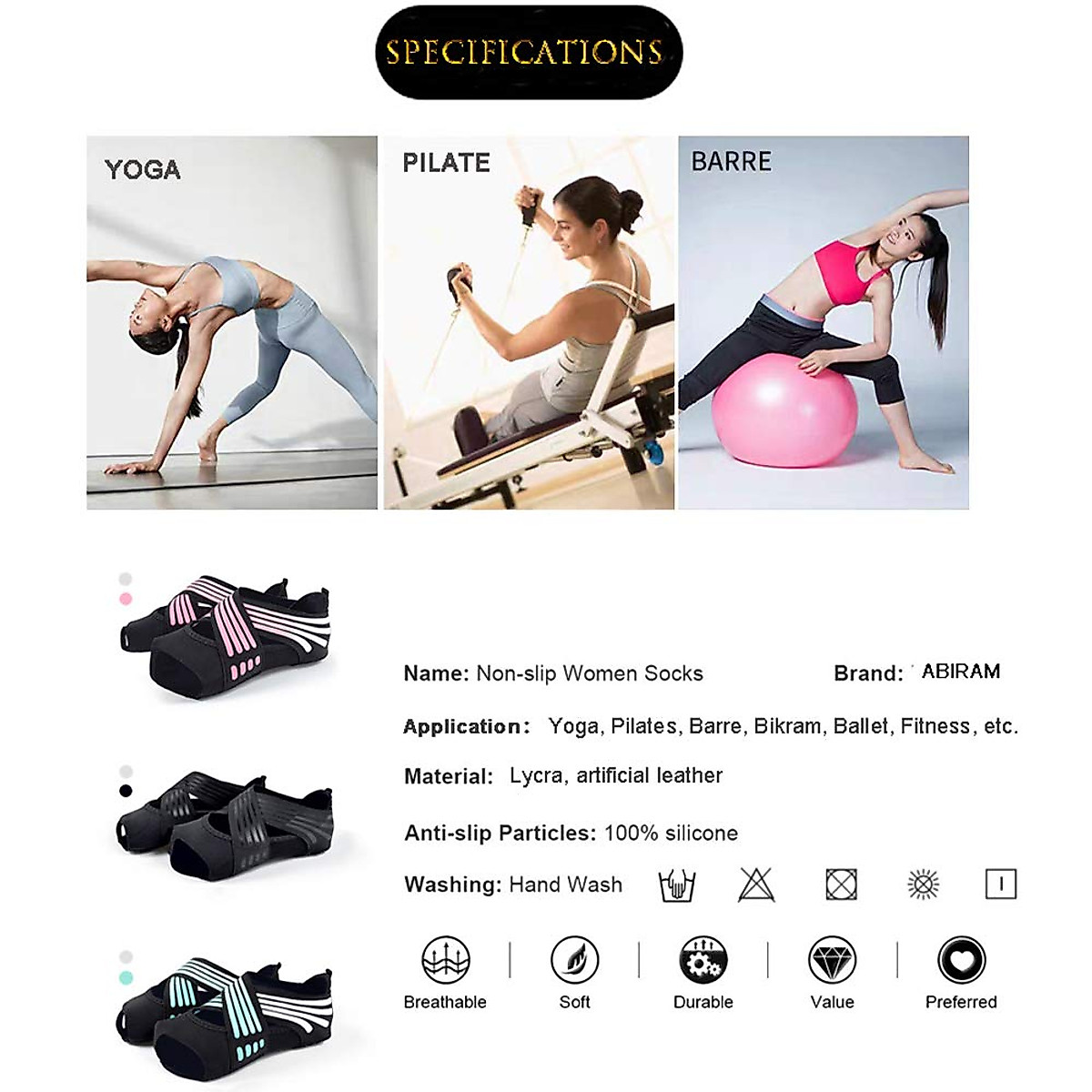 ABIRAM Yoga Socks Toeless Non-Slip Grips & Straps, for Pilates, Barre, Ballet, Bikram, Workout for Women