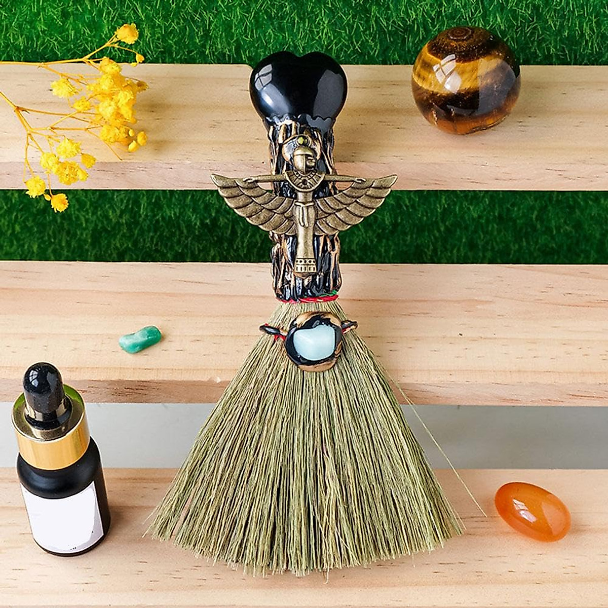 JHIALG Witch Broom Crystal Witch Wiccan Altar Broom, Halloween Hanging Props Cosplay Broomstick, Handmade Reiki Broomstick for Cleansing Healing Fengshui
