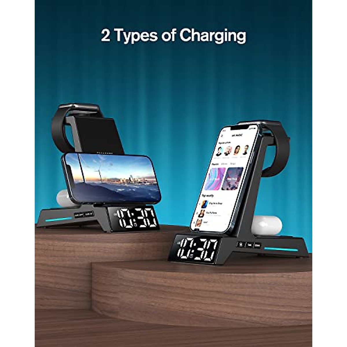 Wireless Charging Station - 4 in 1 Wireless Charger with Alarm Clock, Charging Stand Dock for iPhone 15/14/13/12/11/Pro/Max/XR/XS/X/Samsung Phone, for AirPods Pro/3/2, Apple Watch 9/8/7/6/5/SE/4/3/2