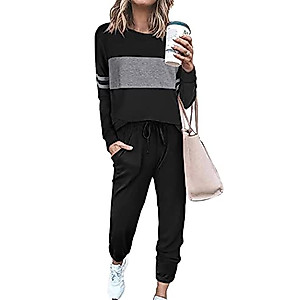 PRETTYGARDEN Women's Color Block 2 Piece Tracksuit Crewneck Long Sleeve Tops Long Sweatpants Outfits Lounge Sets(Black,Small)