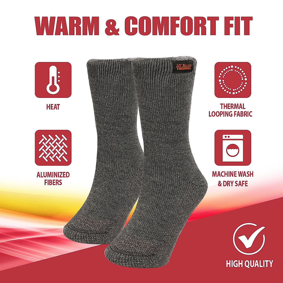 35° BELOW Thermal Insulated Socks for Men and Women, Designed with Soft Aluminized Loops to Keep Feet Warm and Cozy, 3 Pair Grey Small/Med