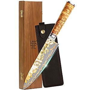YOUSUNLONG Chef Knife - 8'' Blade Japanese Handmade Copper Damascus Steel - Professional Chef's Knife - Razor Sharp Slicing Knife - Naturel Burl Wooden Handle with Leather and Acacia Wood Box
