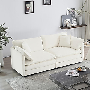 VEPXXP 76.7" Luxury Loveseat Sofa Couch, Deep Sectional Sofa Cloud Couch with 2 Armrest Pillows, Chenille Comfy Love Seat Sofa for Living Room, Apartment, Studio, Office,White