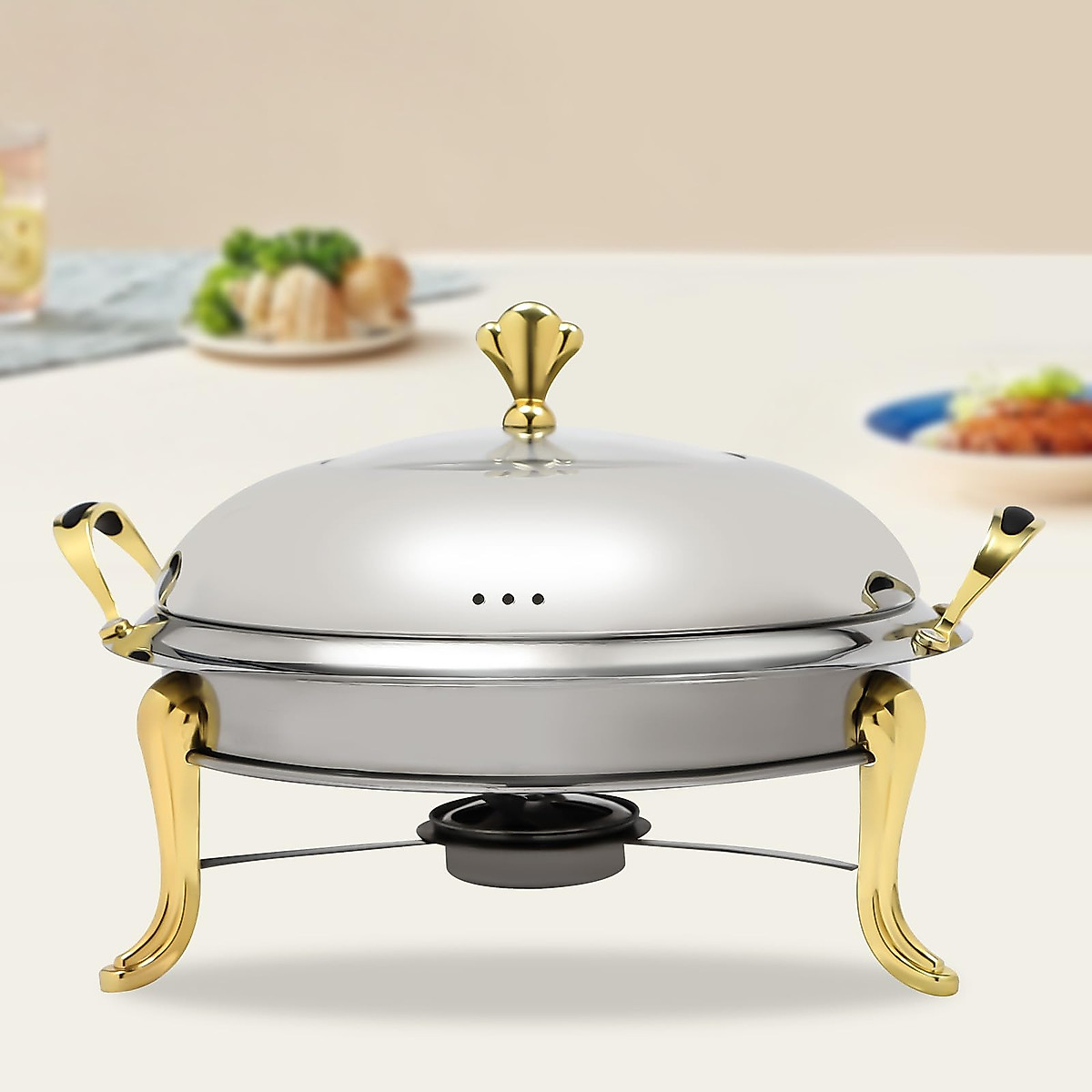 Roll Top Chafing Dish Buffet Set, 2.5L Round Chafing Dish for Buffet, Buffet Servers and Warmers, Food Warming Trays for Buffet and Parties, Gold, Stainless Steel