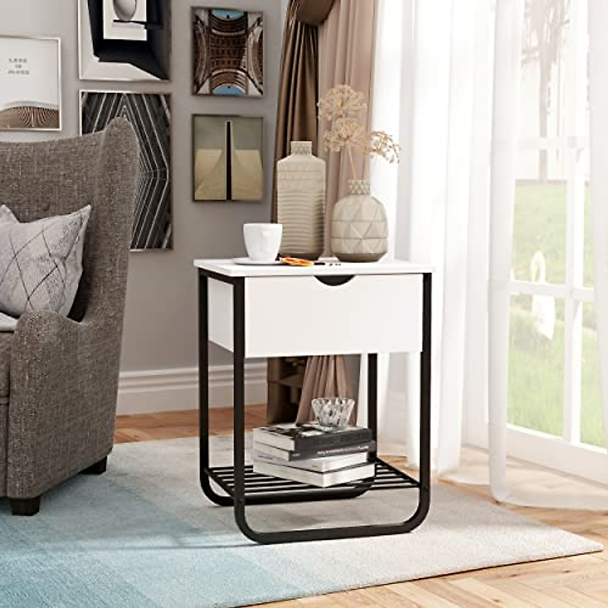 RAAMZO 2-Tier Nightstand End Table Side Table for Bedroom Bedside with 1-Drawer and Open Shelf, White and Black