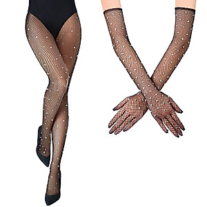 SATINIOR Rhinestone Fishnets Mesh Stockings with Glitter Gloves Black Fishnet Gloves Rhinestone Gloves for Women Girls (Cute Style)
