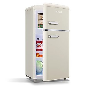DEMULLER Retro Mini Refrigerator 3.5 CU.FT Dual Door Fridge with Handle Removable Glass Shelves 7 temperature control levels for Dorm, Office, Bedroom